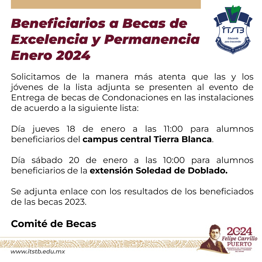 Beneficiarios a beca de excelencia y permanencias enero 2024 - TecNM ...